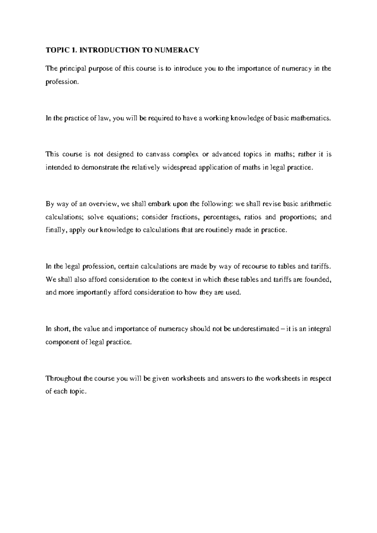 Introduction to Numeracy: Importance in Legal Practice (Course Code ...