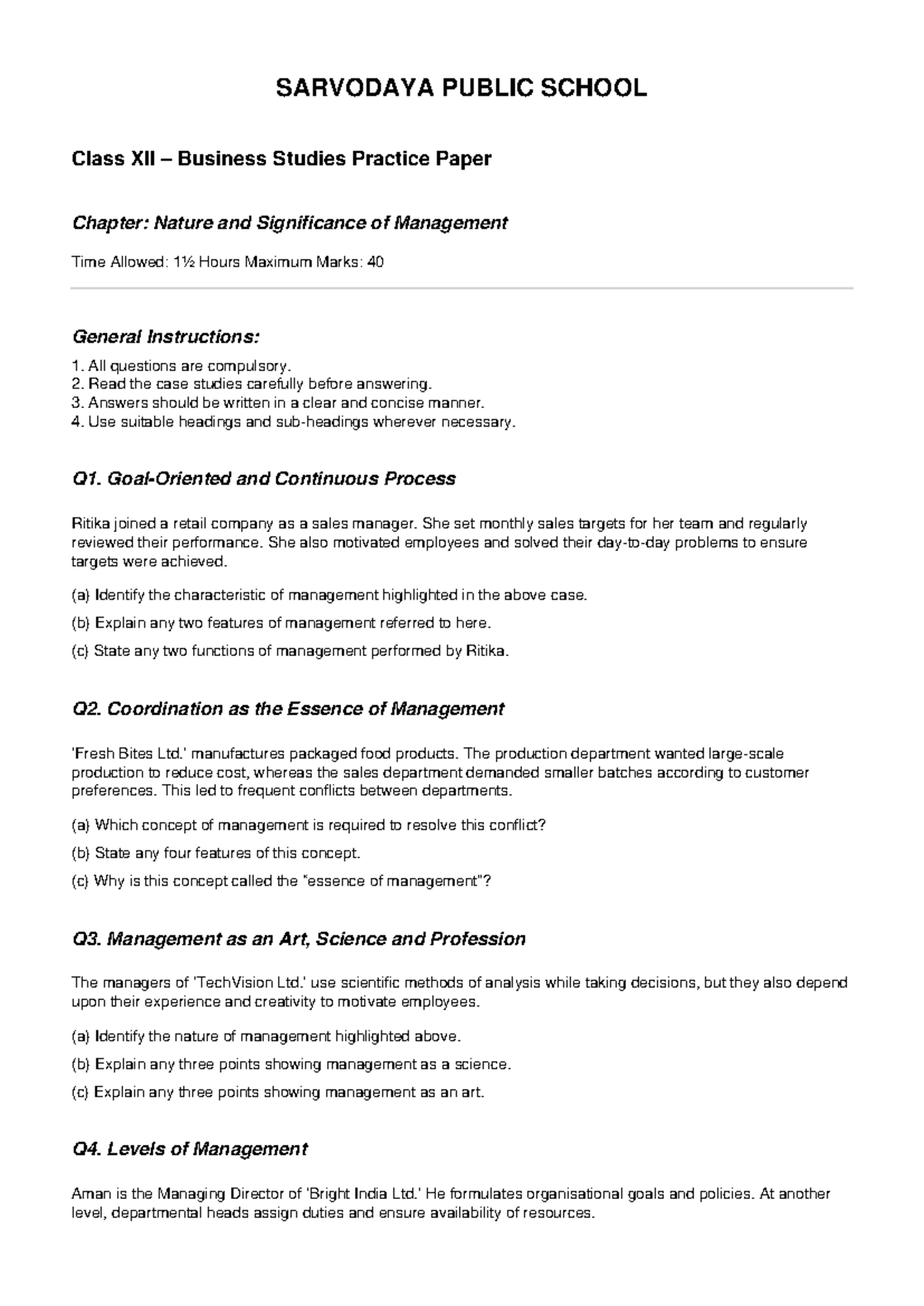 Class 12 Business Studies Case Study Practice Paper: Nature ...