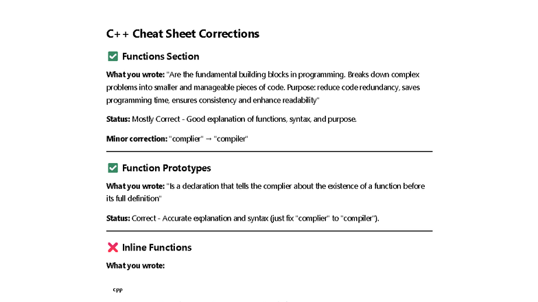 C++ Cheat Sheet: Corrections on Functions & Key Concepts - Studocu