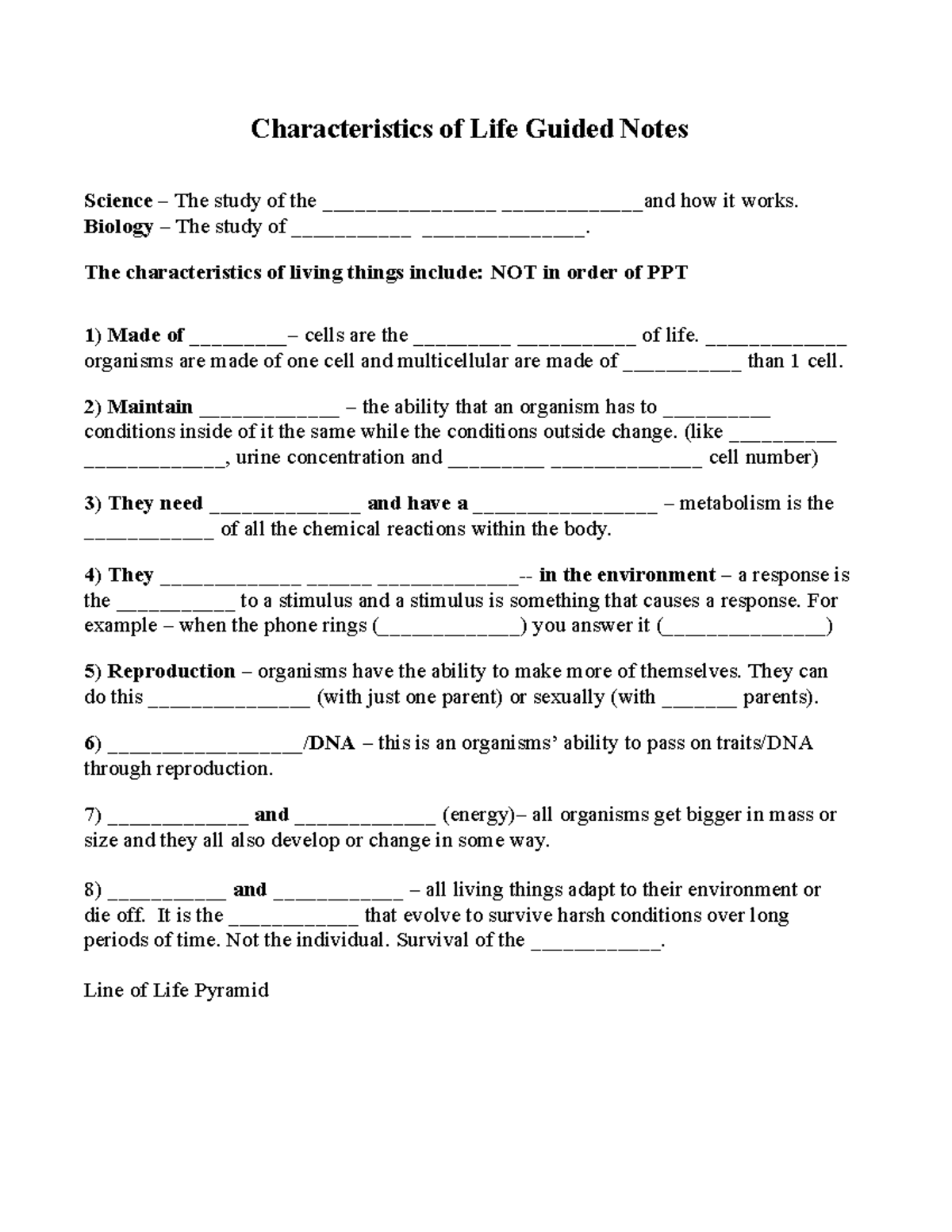 Biology 101: Characteristics of Life Guided Notes - Studocu