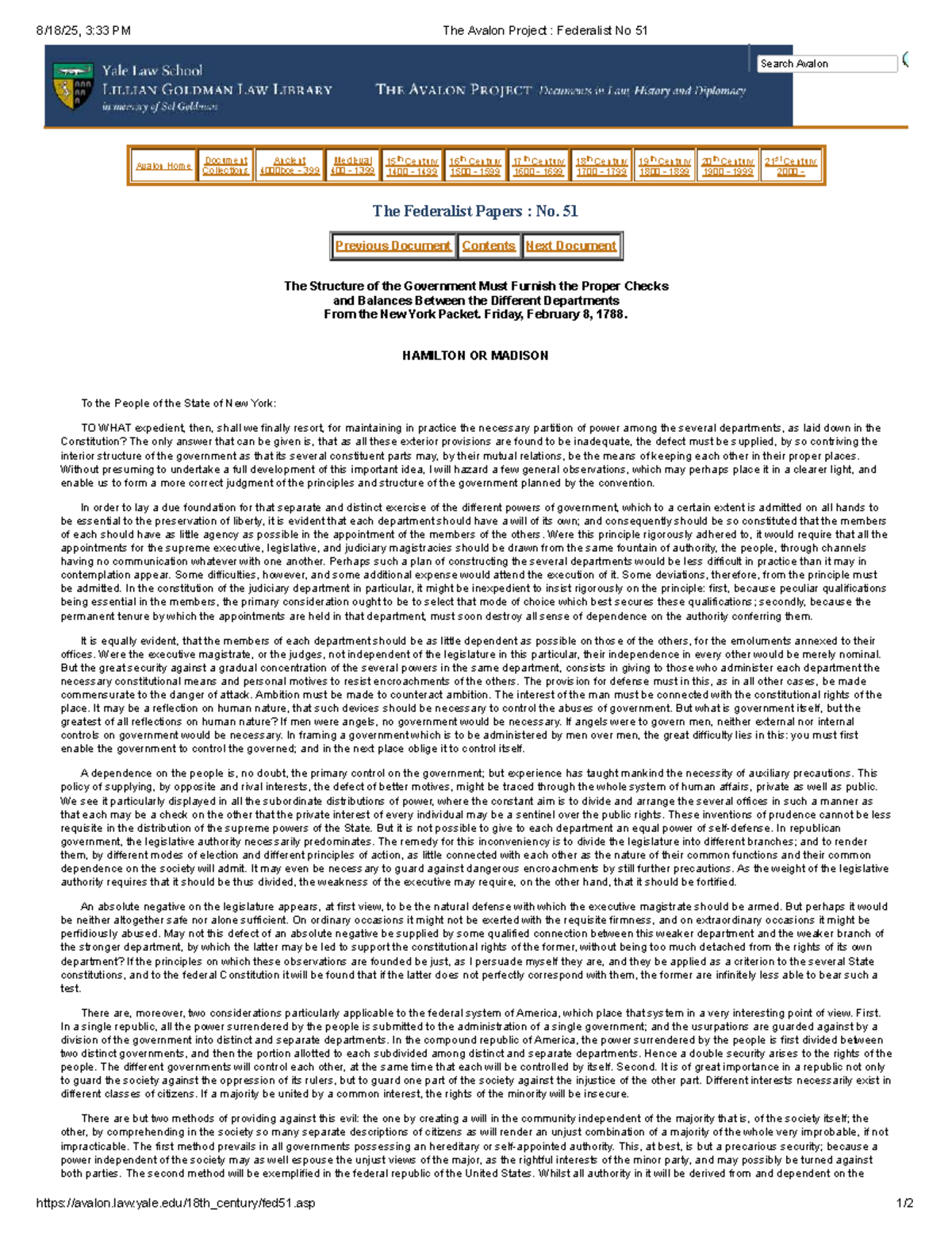 Federalist Paper No. 51: Structure of Government & Checks and Balances ...