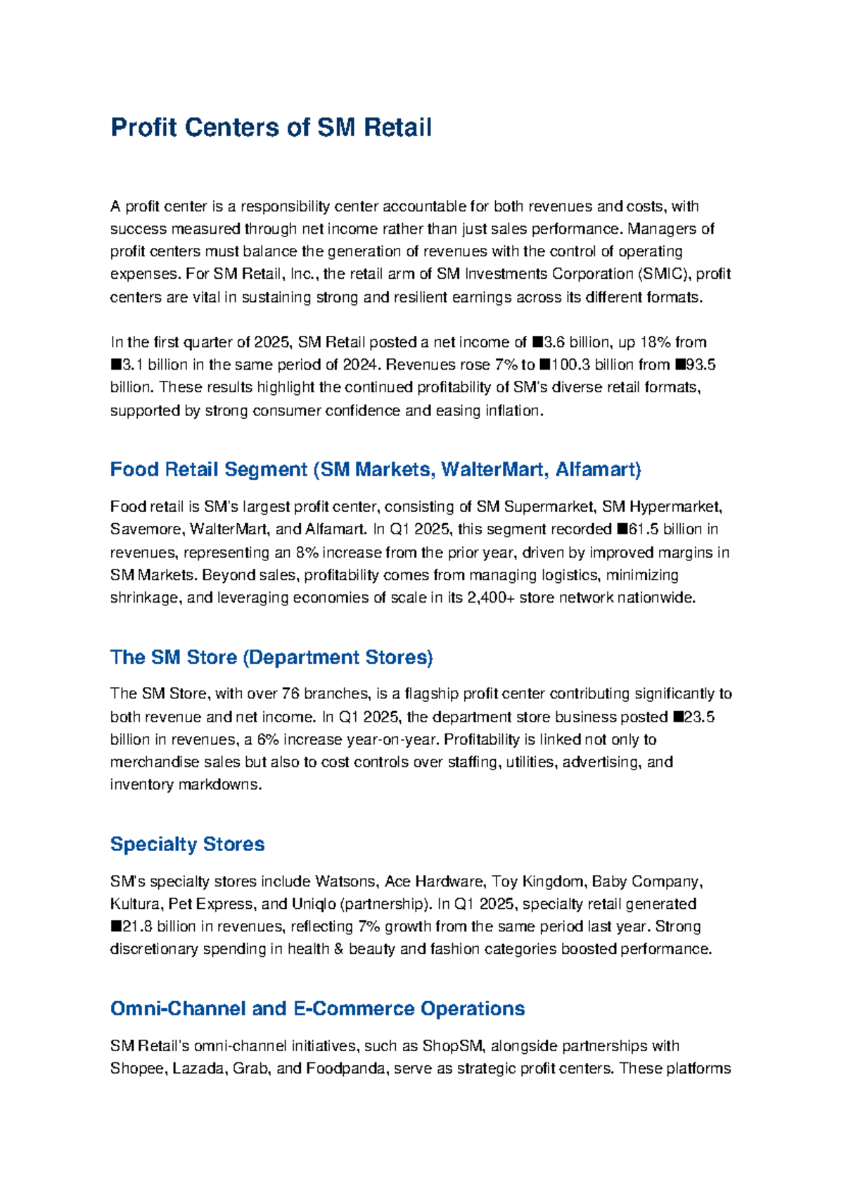 SM Retail Profit Centers Analysis Q1 2025 - Studocu