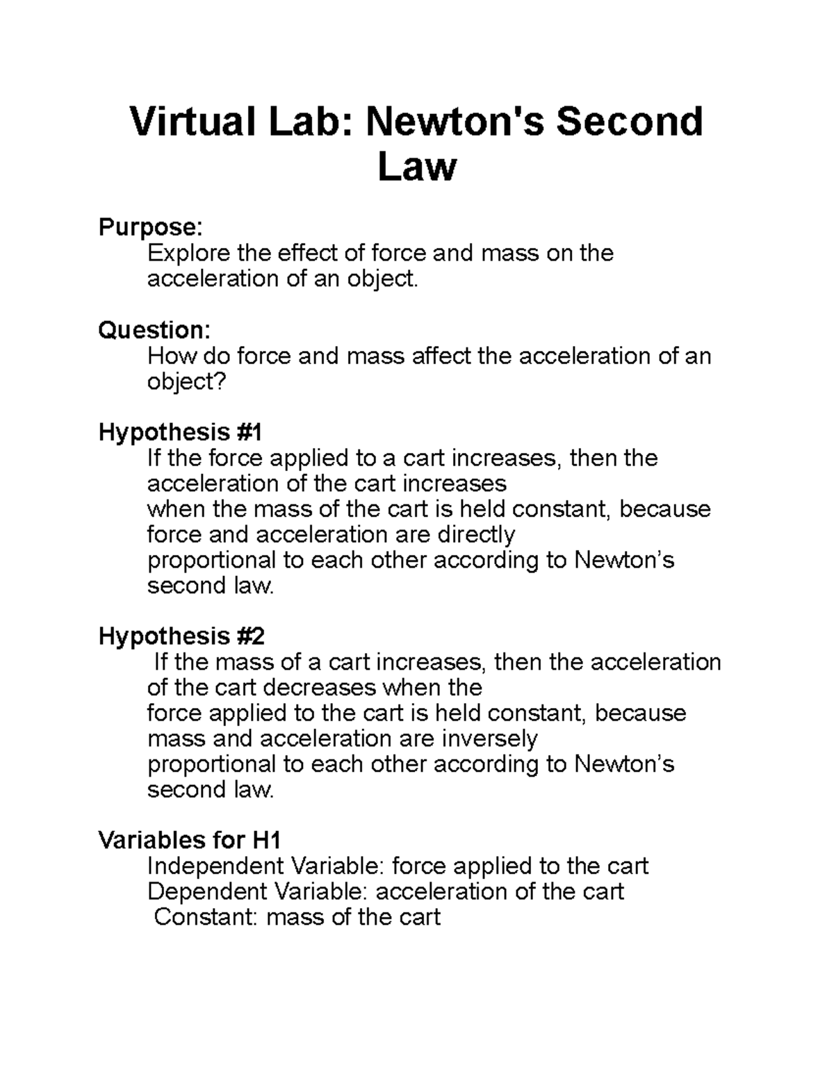 Virtual Lab: Exploring Newton's Second Law - Force and Mass Effects ...
