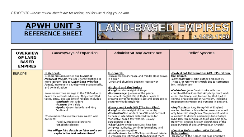APWH UNIT 3 Cheat Sheet: Overview of Land-Based Empires - Studocu