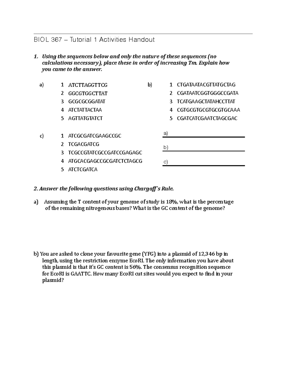 BIOL 367 Tutorial 1 Activities Handout - Andrew Wieczorek - Studocu