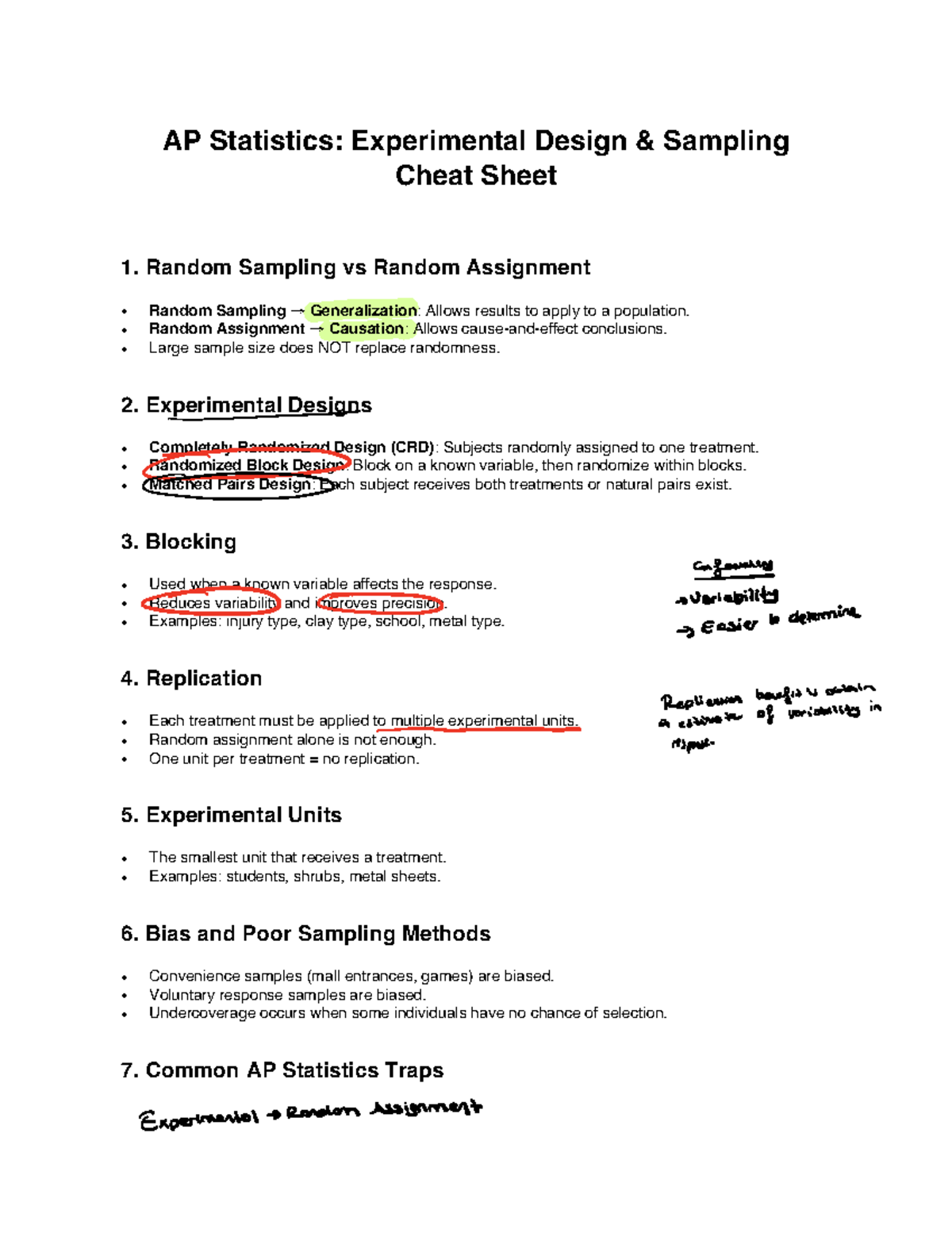 AP Statistics: Experimental Design & Sampling Cheat Sheet 2 - Studocu