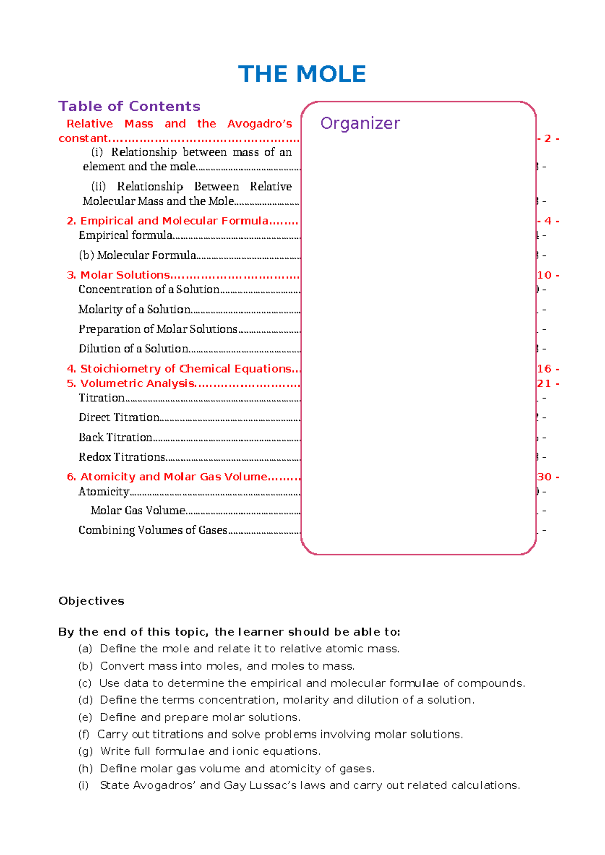 3.2 The Mole - Form 3 Final Exam Notes on Molar Concepts and ...