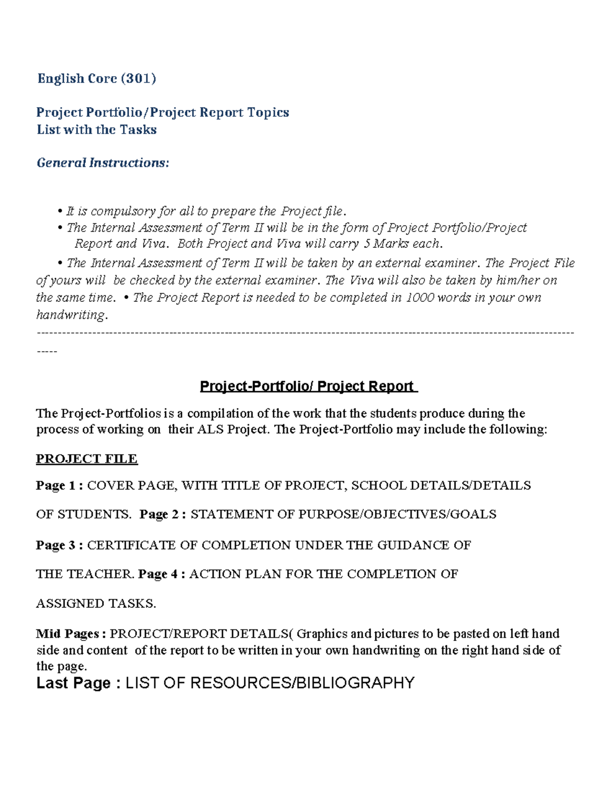 Project Portfolio Guidelines for English Core (301) - Grade XII 24-25 ...