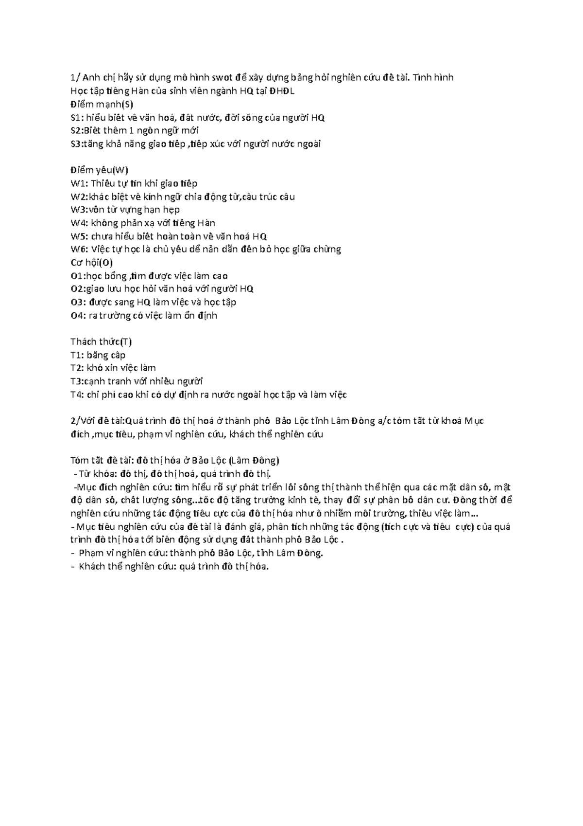 Ppl - phương pháp luận, khoa học - 1/ Anh ch hãy s d ng mô hình swot đ ...