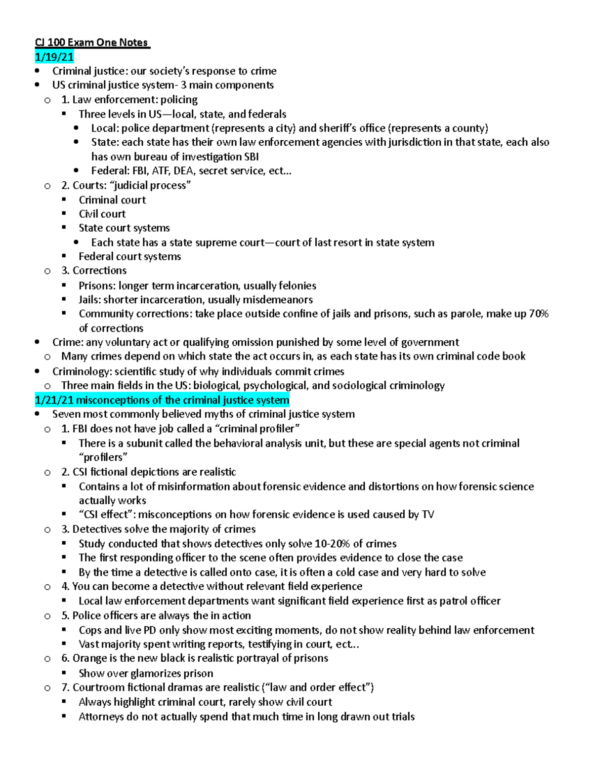 CJ 100 Exam I Notes: Overview of Criminal Justice Concepts and Myths ...