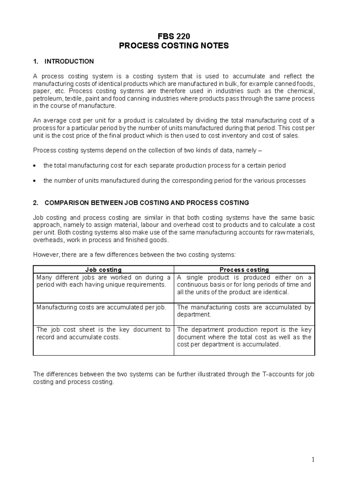 FBS 220 Process Costing Notes - Updated 2024 Edition - Studocu