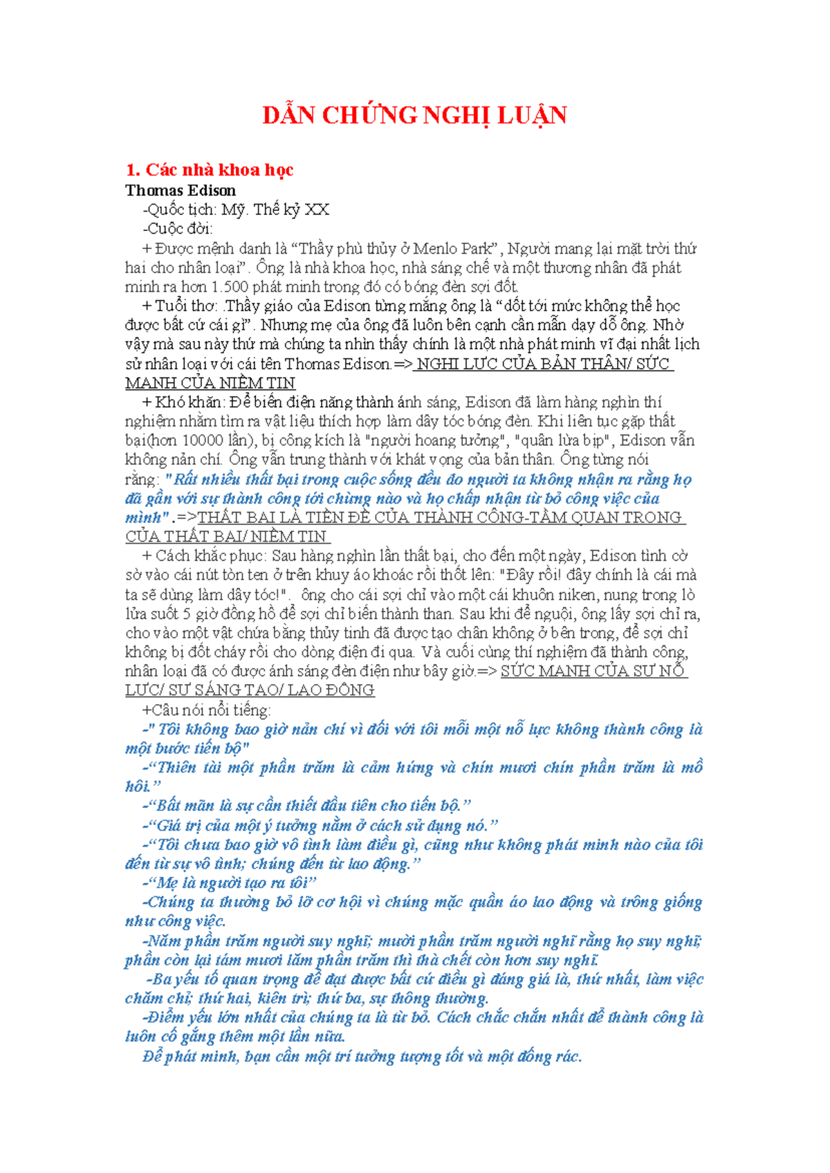 DẪN CHỨNG NGHỊ LUẬN VỀ THOMAS EDISON VÀ SỰ KIÊN TRÌ - Studocu