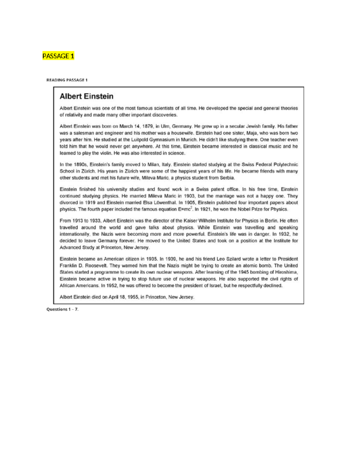 Albert Einstein: A Comprehensive Reading Passage for Review - Studocu