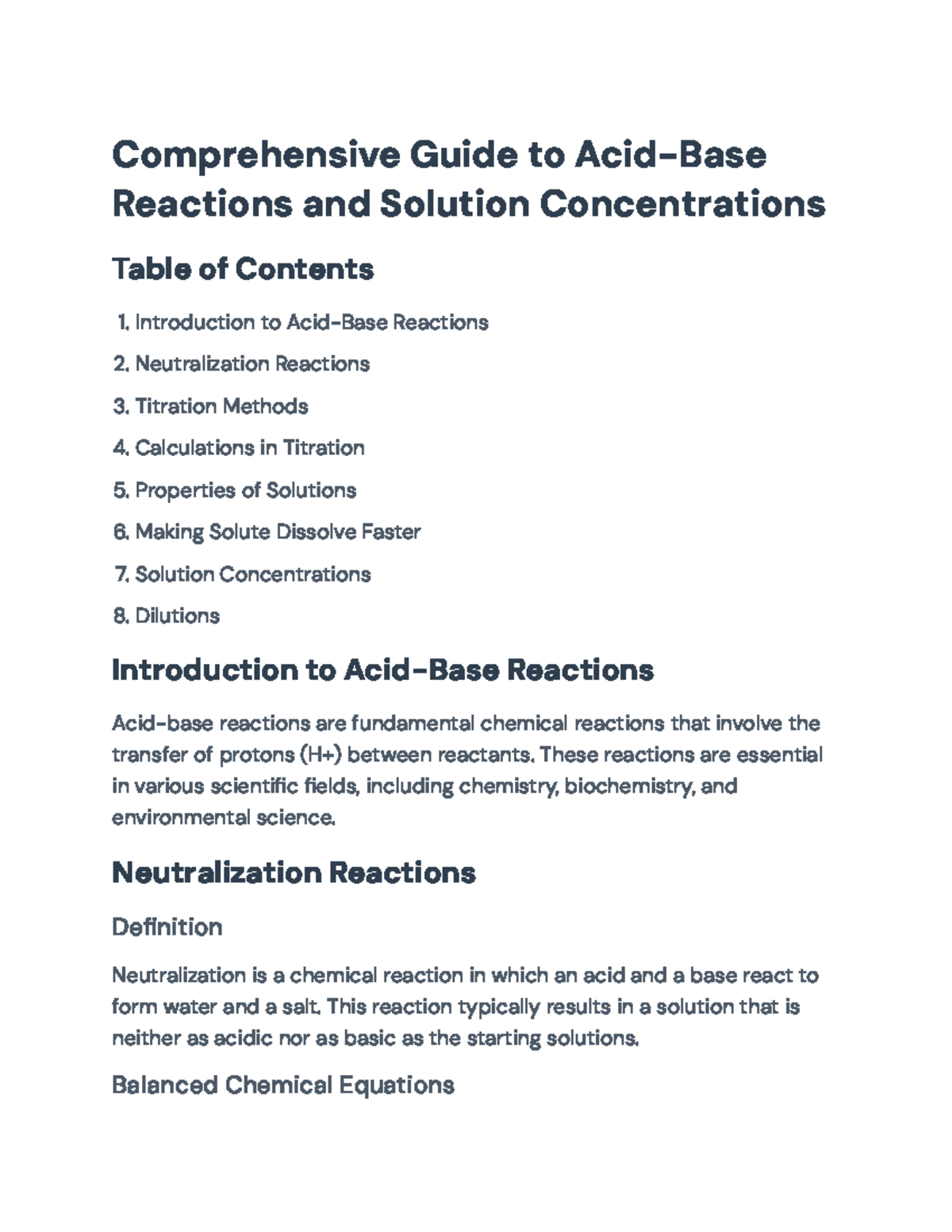 Comprehensive Guide to Acid-Base Reactions and Solution Concentrations ...