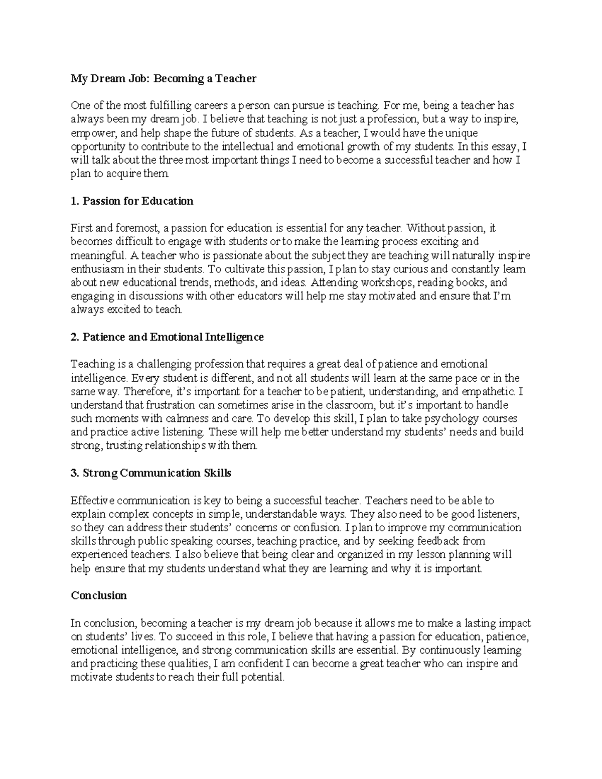 My Dream Job: Becoming a Teacher - DCC Essay Notes - Studocu