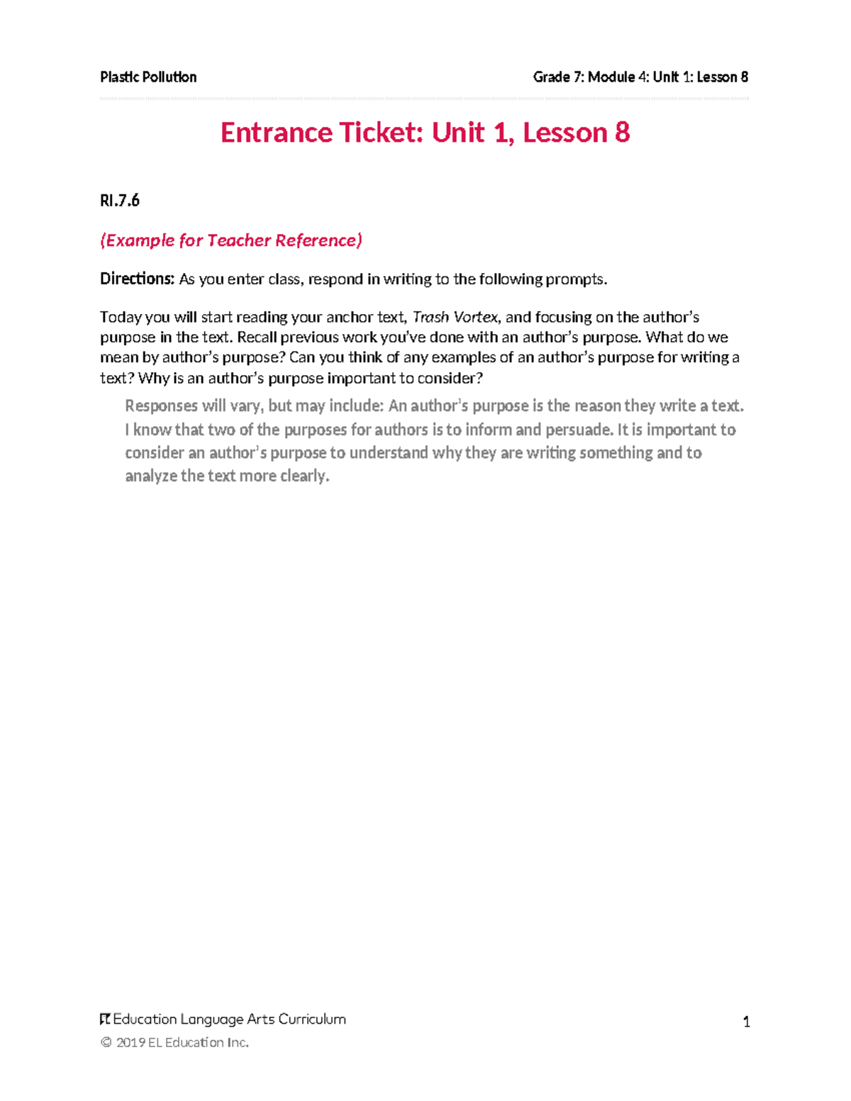 G7M4U1L8 Unit 1 Lesson 8: Entrance Ticket & Text Guide on Trash Vortex ...