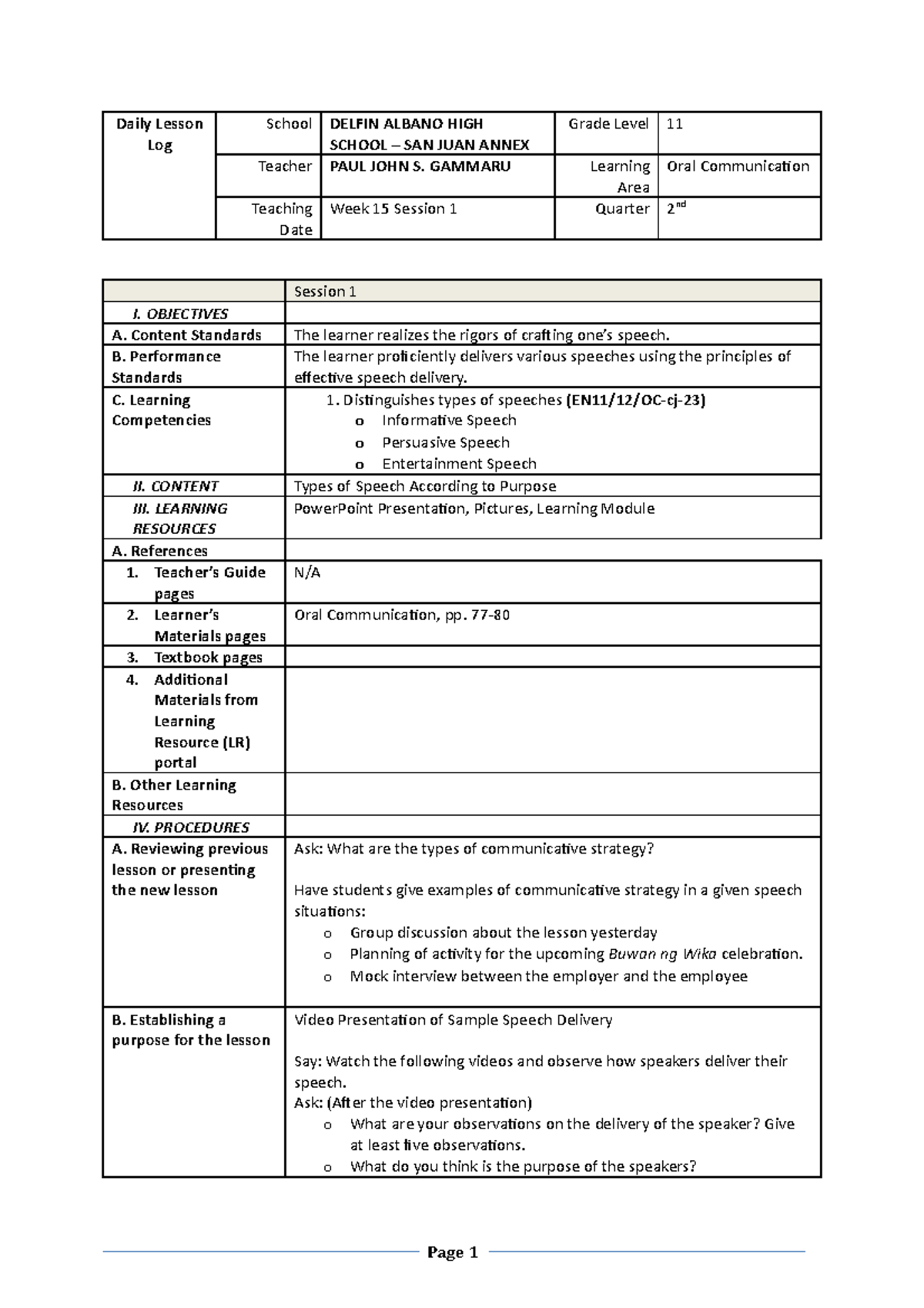 DLL-COT Oral Communication Lesson Plan: Speech Types & Delivery ...