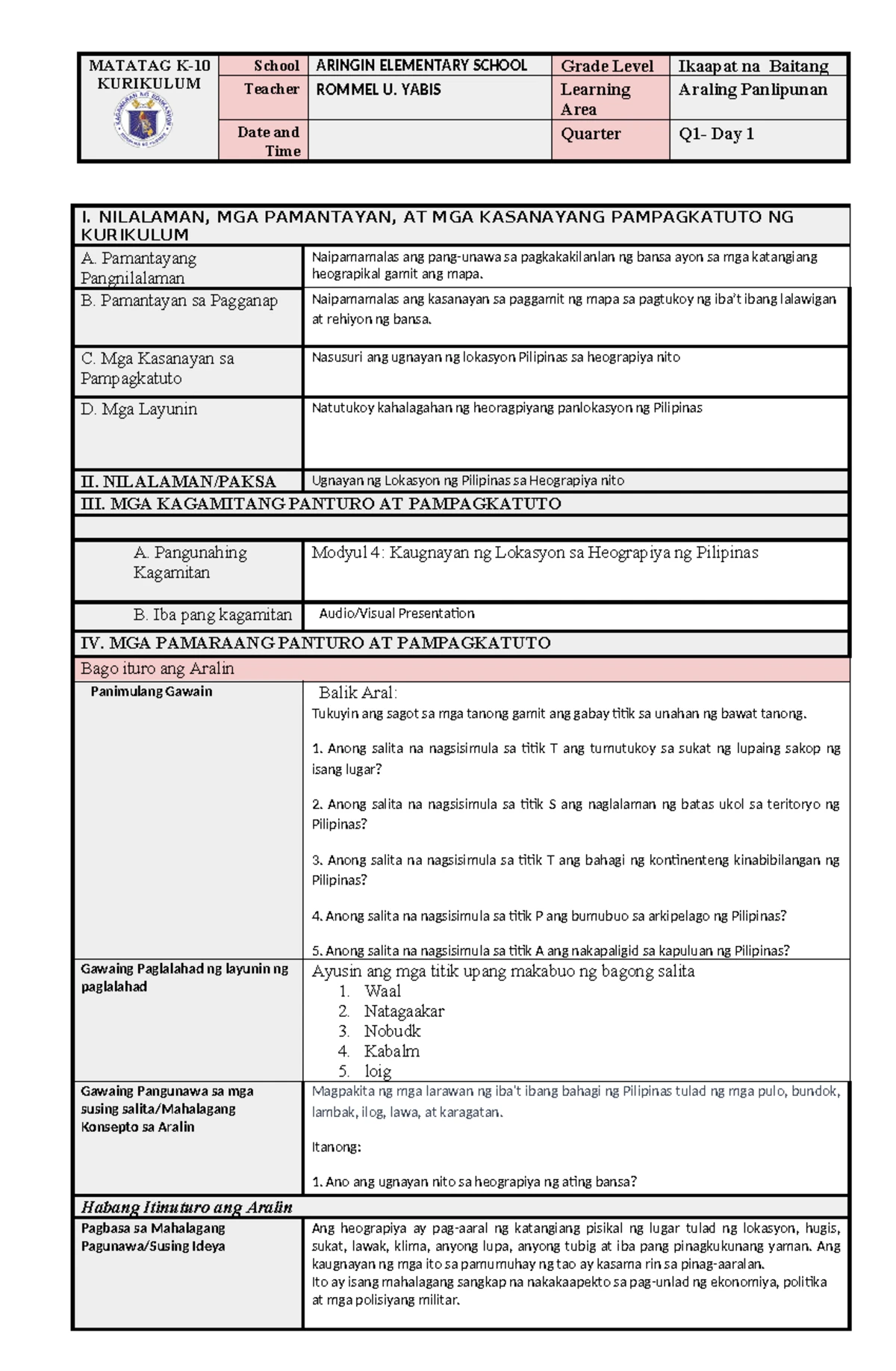 DLP- Grade 4 -AP-Q1 - For educaitonal purposes. - MATATAG K- KURIKULUM ...