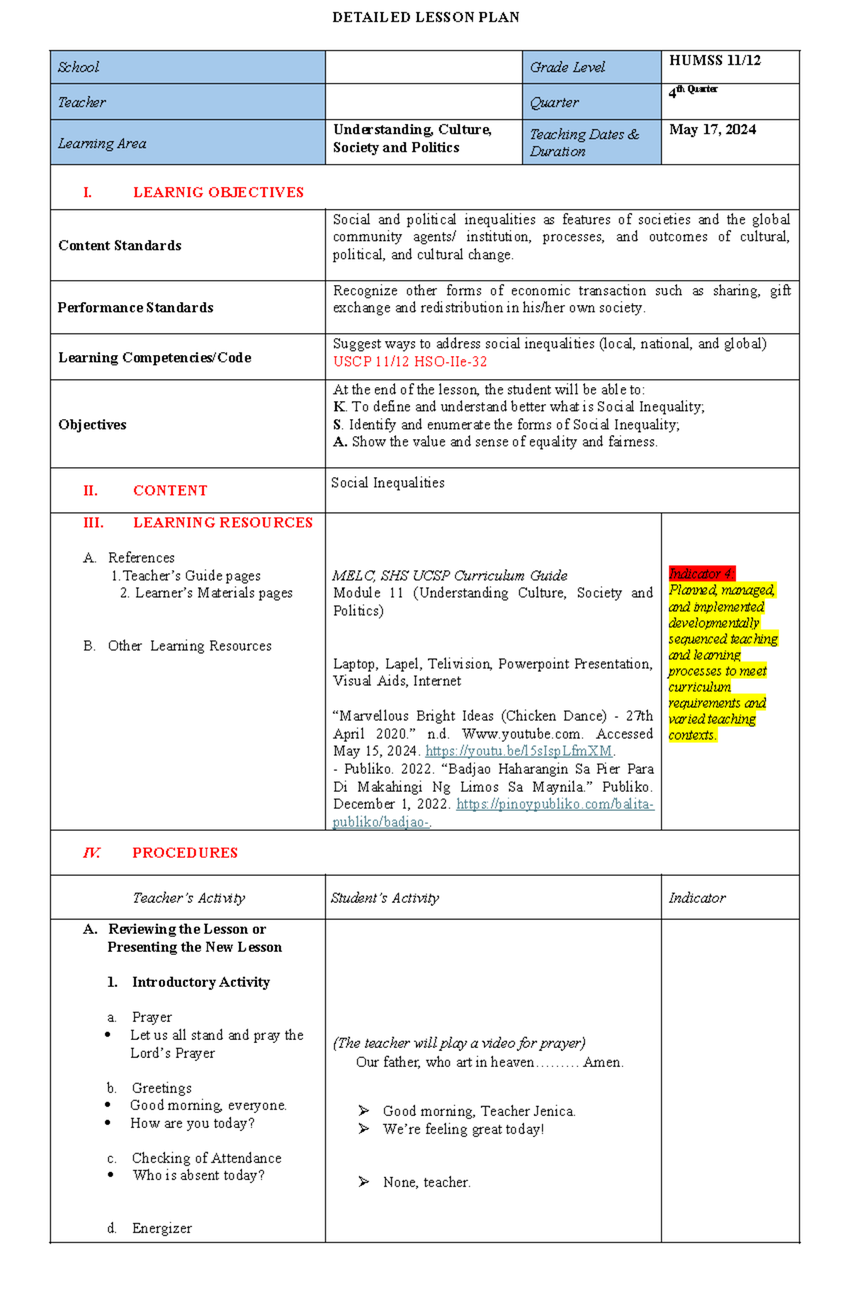 DLP-SHS USCP - Detailed Lesson Plan on Social Inequality for UCSP 11/12 ...