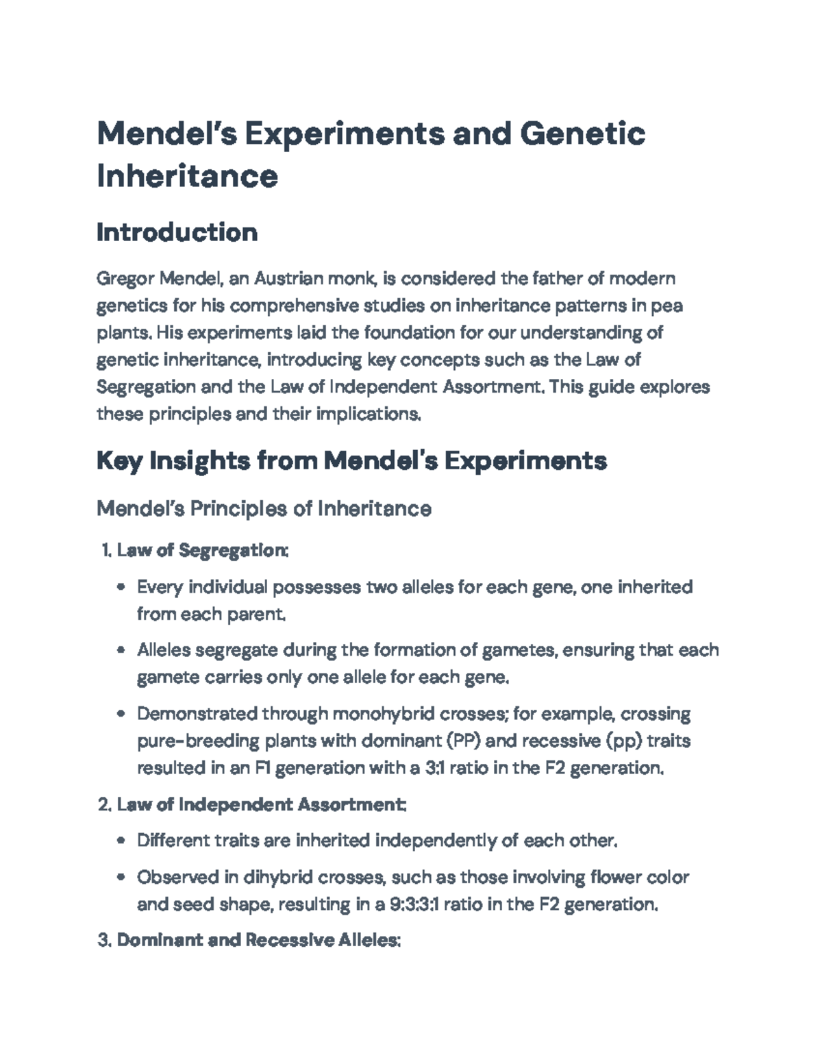 Genetic Inheritance Principles from Mendel’s Experiments: A Study Guide ...