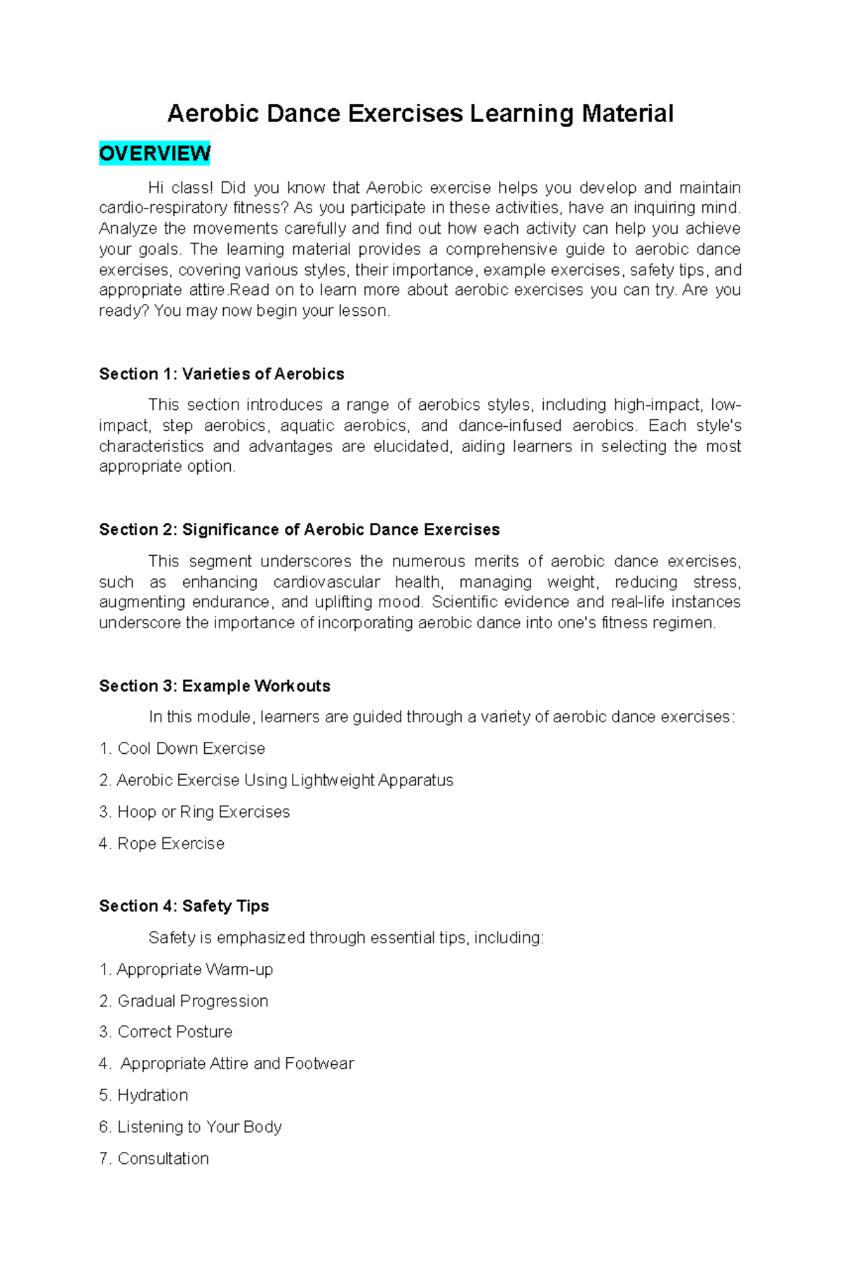 PE 101: Comprehensive Guide to Aerobic Dance Exercises - Studocu