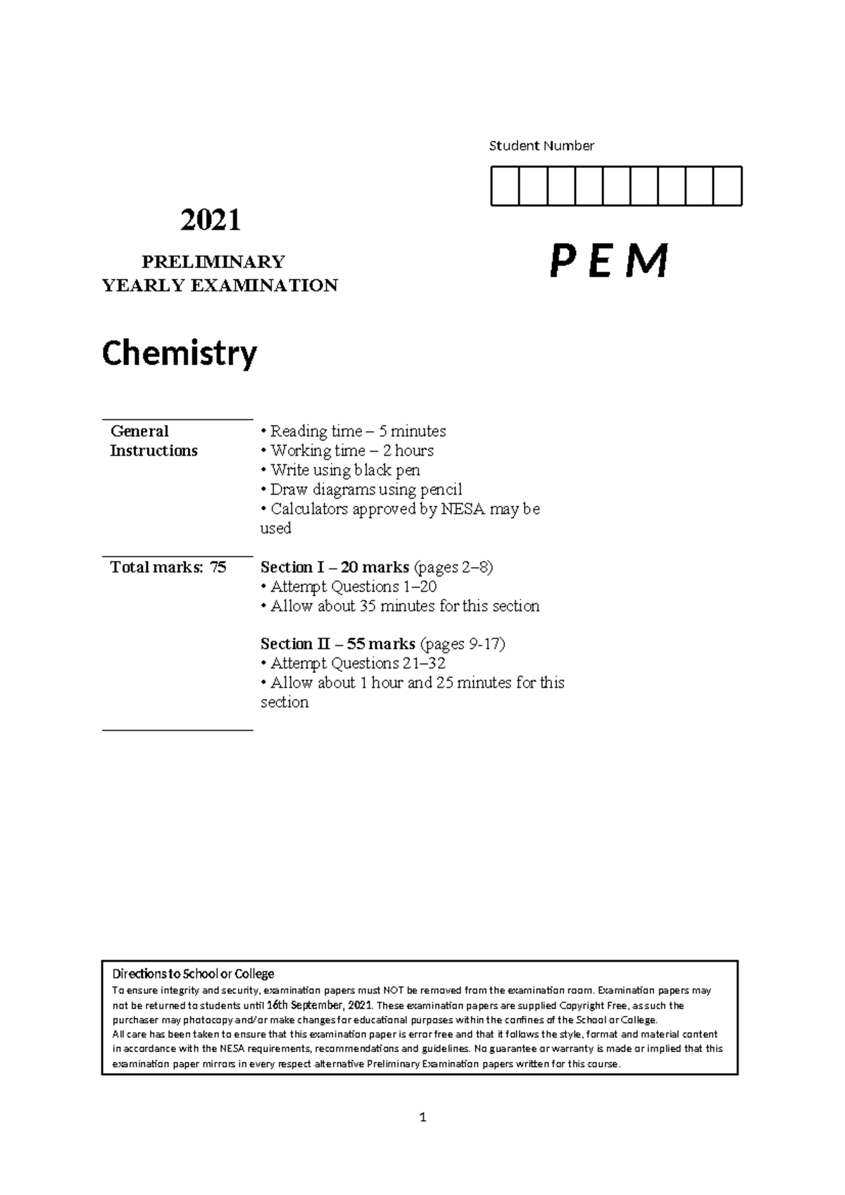 PEM 2021 Chemistry Preliminary Exam Paper: General Instructions ...