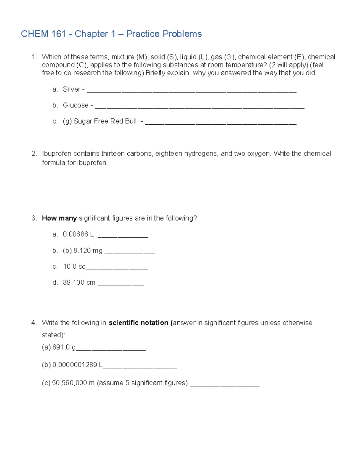 CHEM 161 Chapter 1 Practice Problems - Fall 2024 - Studocu