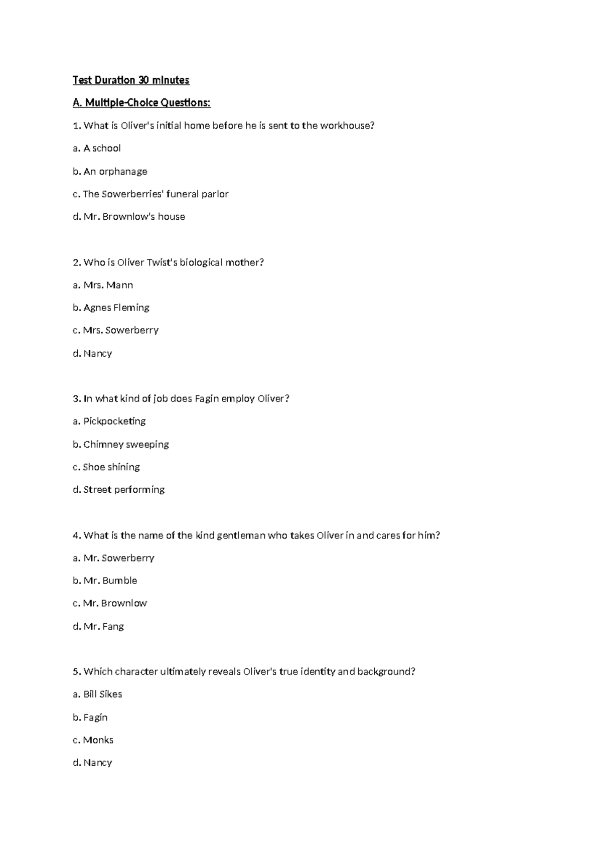 Oliver Twist: MCQ Quiz for Literature Course (ENG101) - Studeersnel