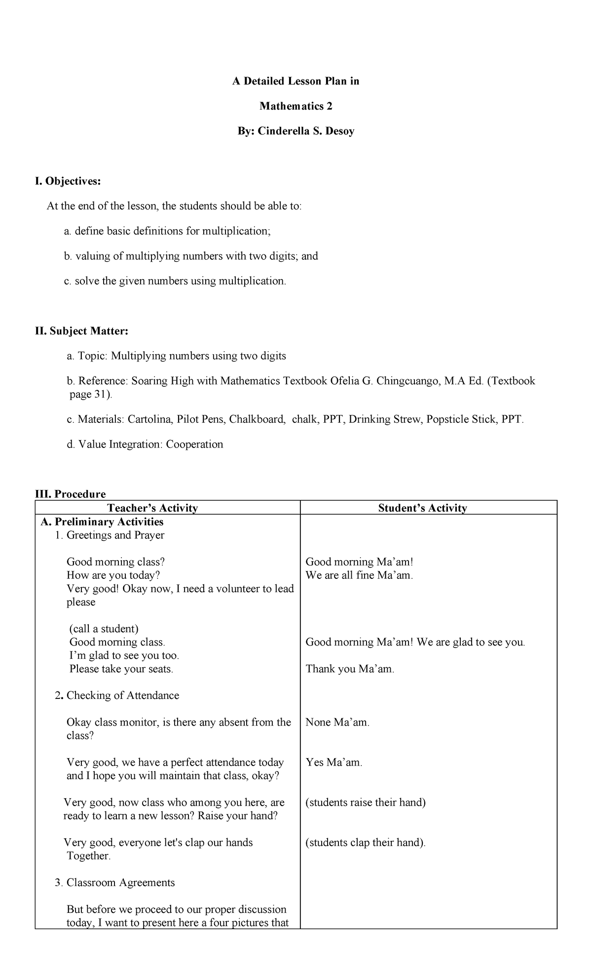 Detailed Lesson Plan in Mathematics 2: Multiplying Two-Digit Numbers ...