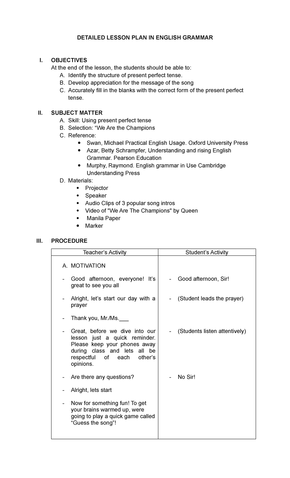 Detailed Lesson Plan: Present Perfect Tense in English Grammar - Studocu