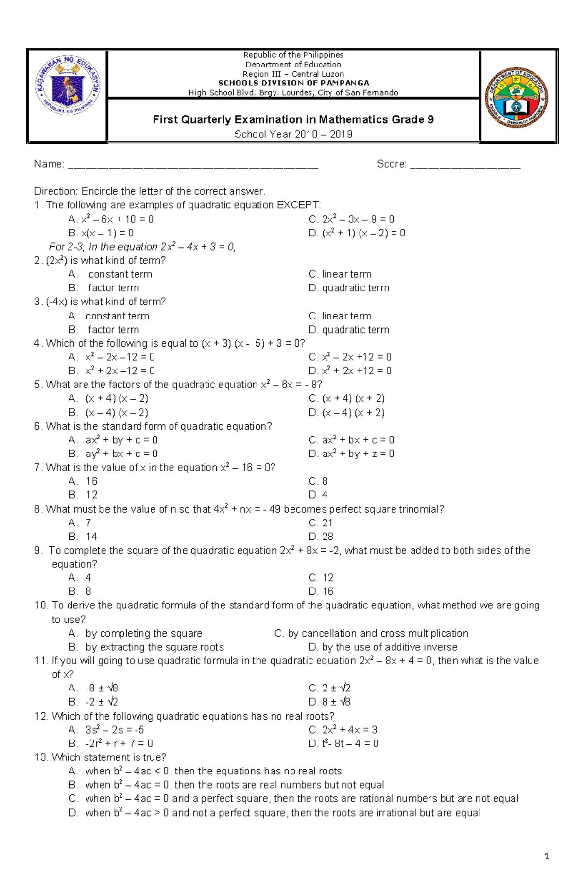 Grade-9 Mathematics 1st Quarter 2018-2019 - Republic of the Philippines ...