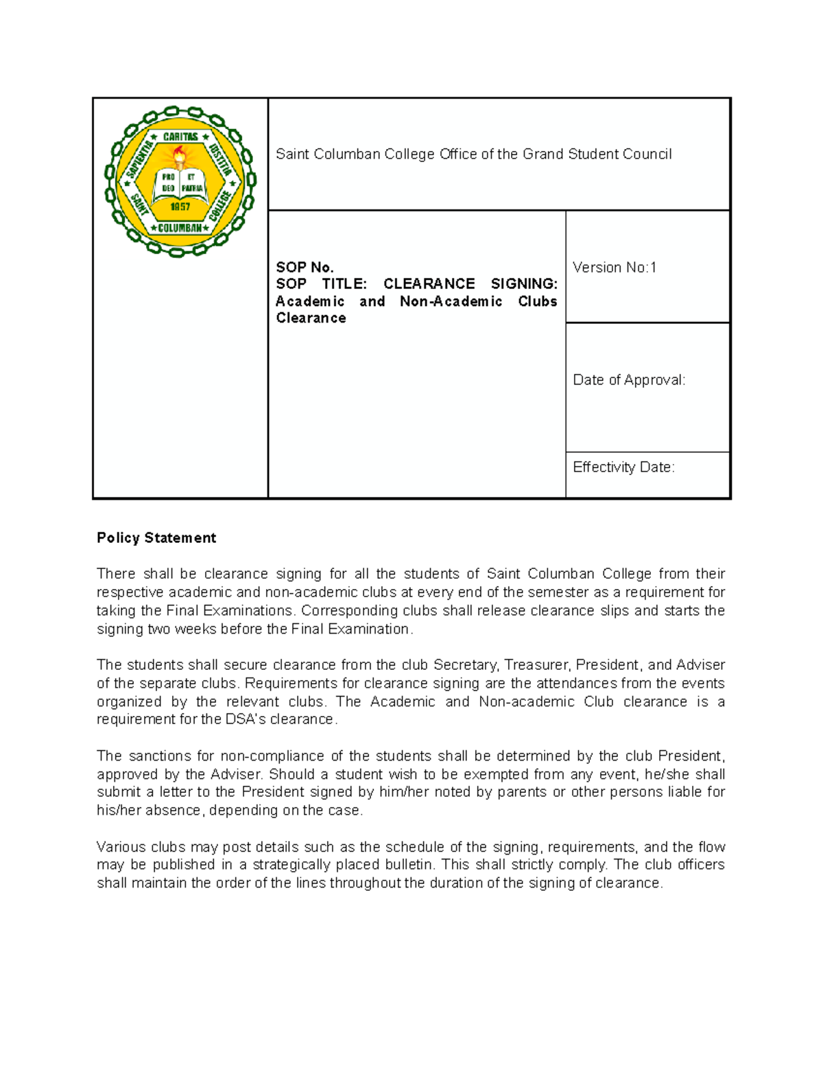 SOP - Clearance Signing for Academic & Non-Academic Clubs - Studocu