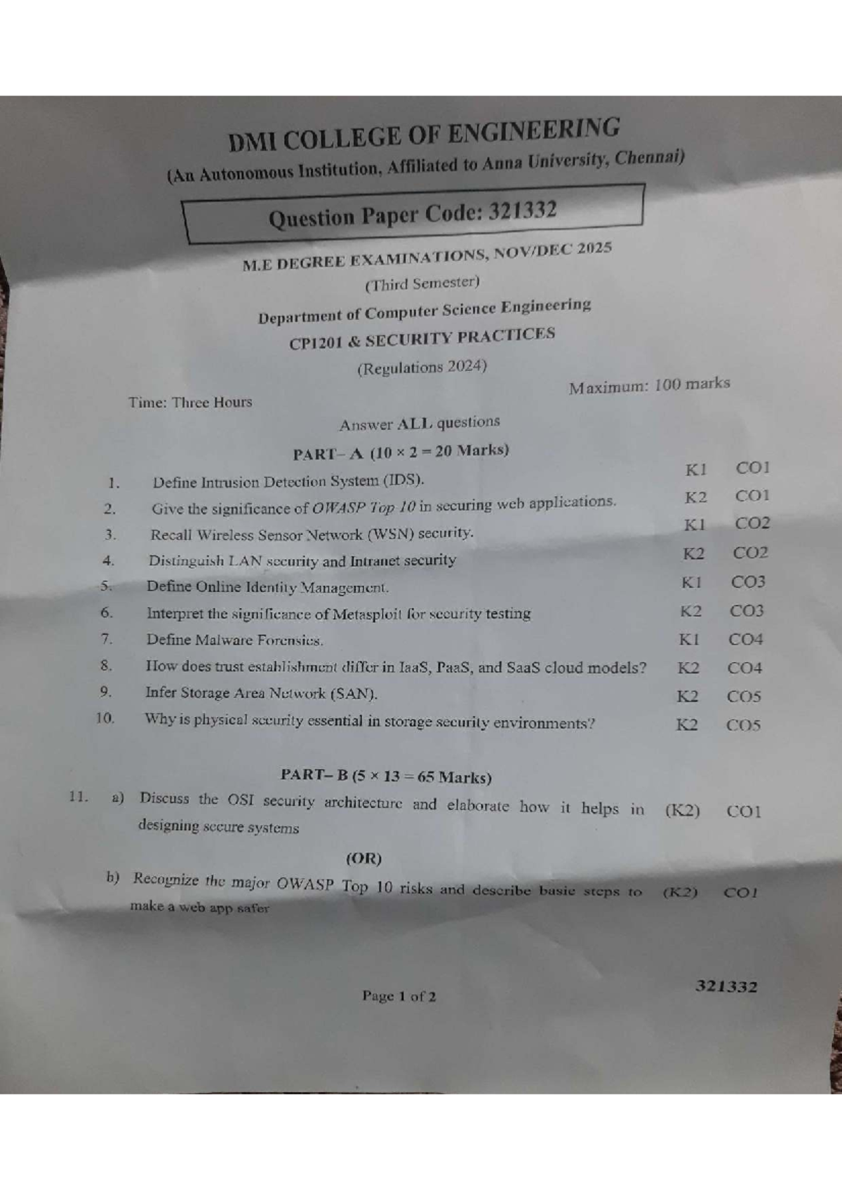 M.E. Exam 2025: CP1201 Security Practices QP (Code: 321332) - Studocu