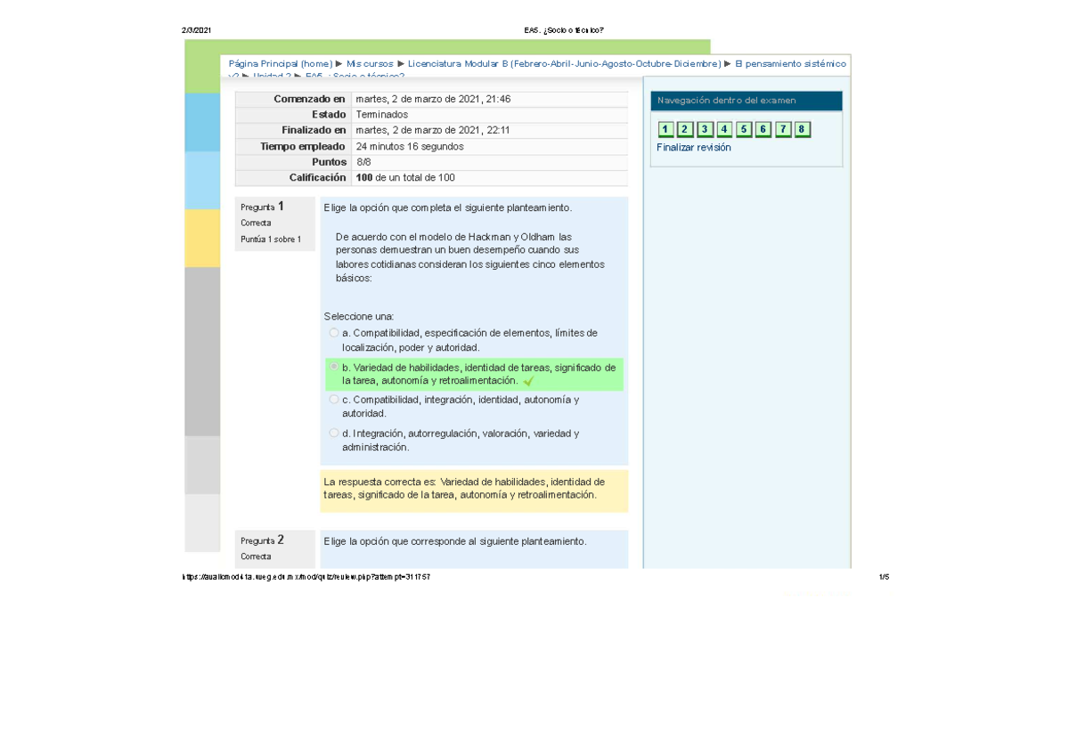 EA5: Examen sobre el Pensamiento Sistémico y Sistemas Técnicos - Studocu