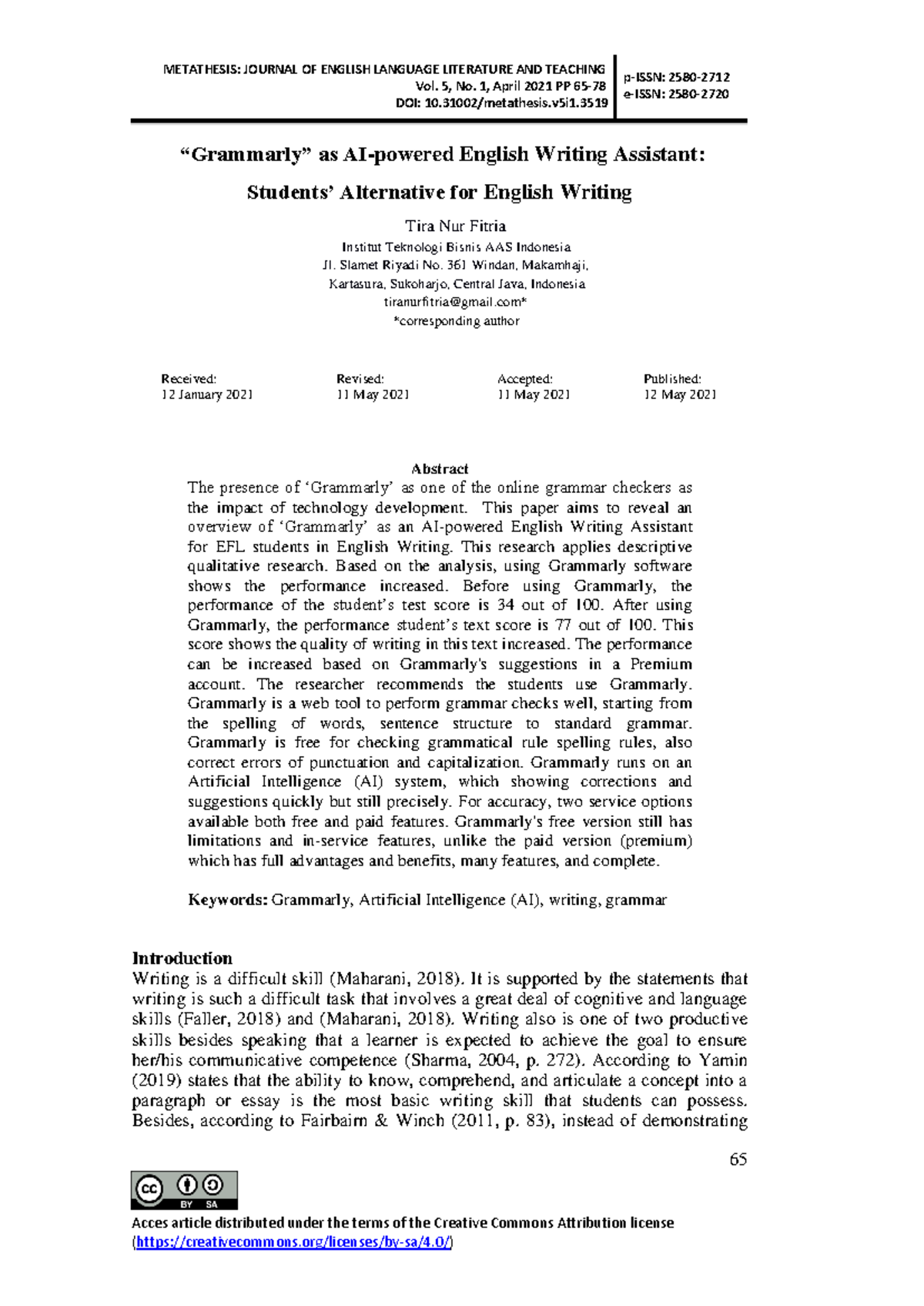 Grammarly as AI powered English Writing - METATHESIS: JOURNAL OF ...