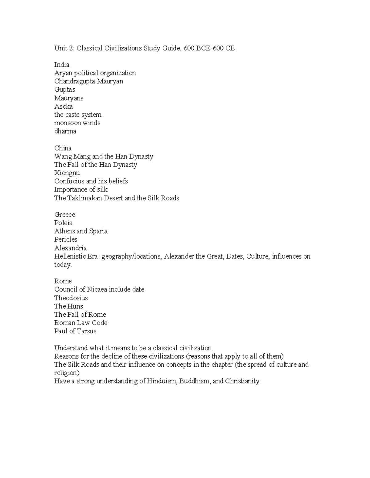 Unit 2 Study Guide: Classical Civilizations in AP World (600 BCE-600 CE ...