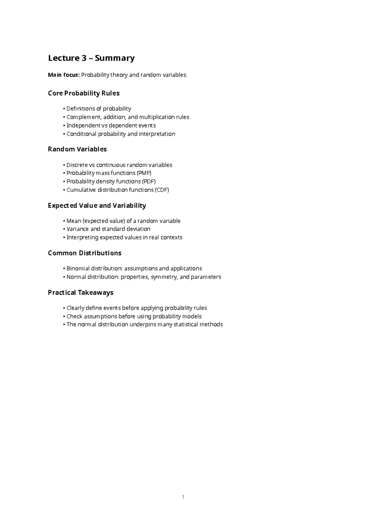Lecture 3 Summary: Probability Theory & Random Variables - Studeersnel
