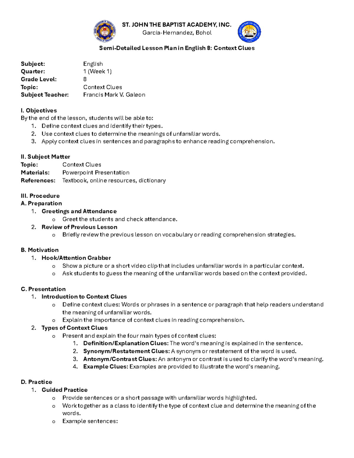 English 8 Lesson Plan: Context Clues (Week 1) - Studocu
