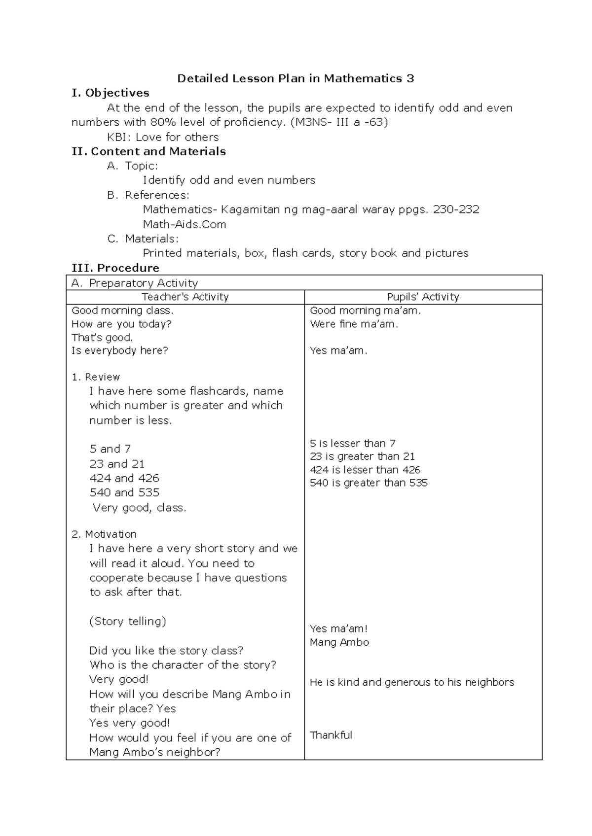 MATH 3 - Lesson Plan on Identifying Odd & Even Numbers - Studocu