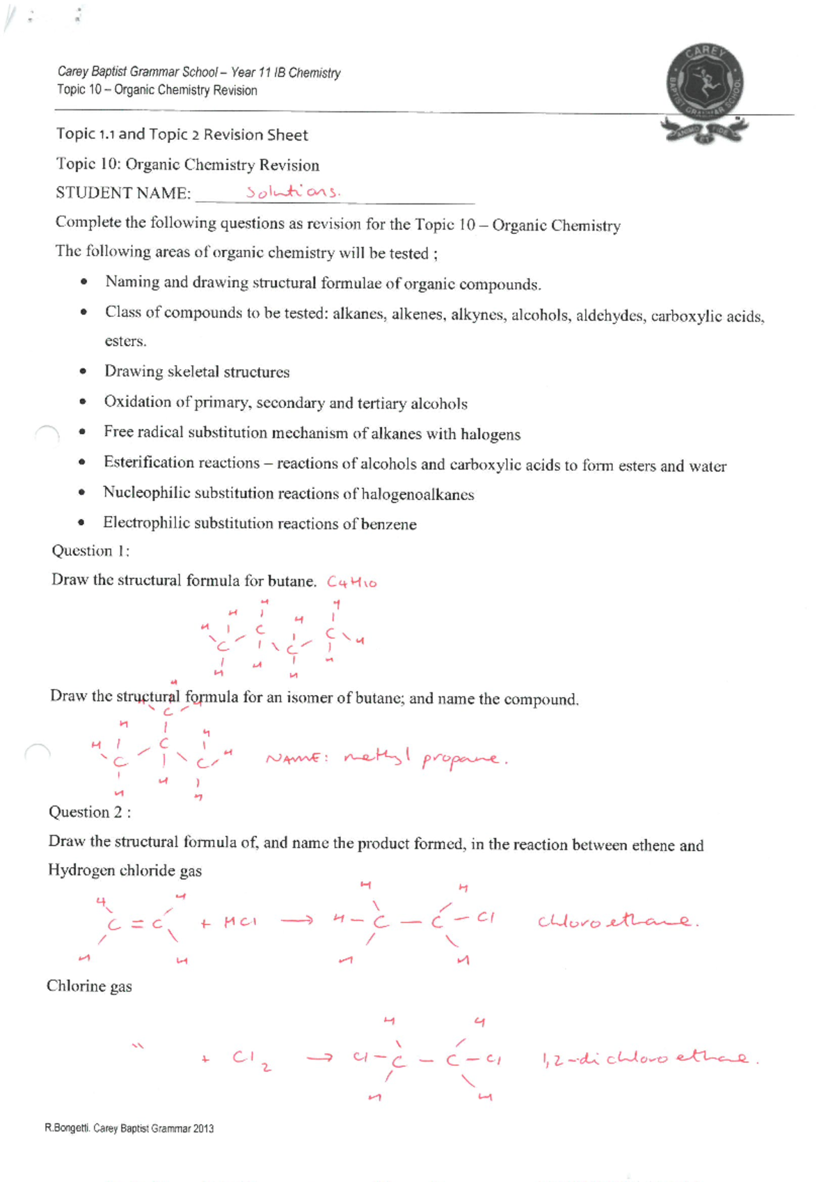 1a. Year 11 IB Chemistry Topic 10 Organic Chemistry Revision Solutions ...