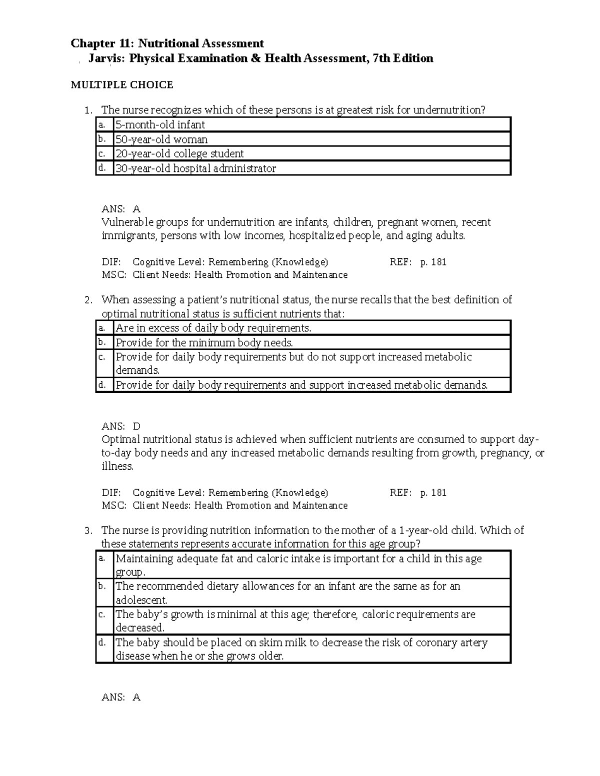 Ch 11 - Nutritional Assessment MCQs for Health Assessment Course - Studocu