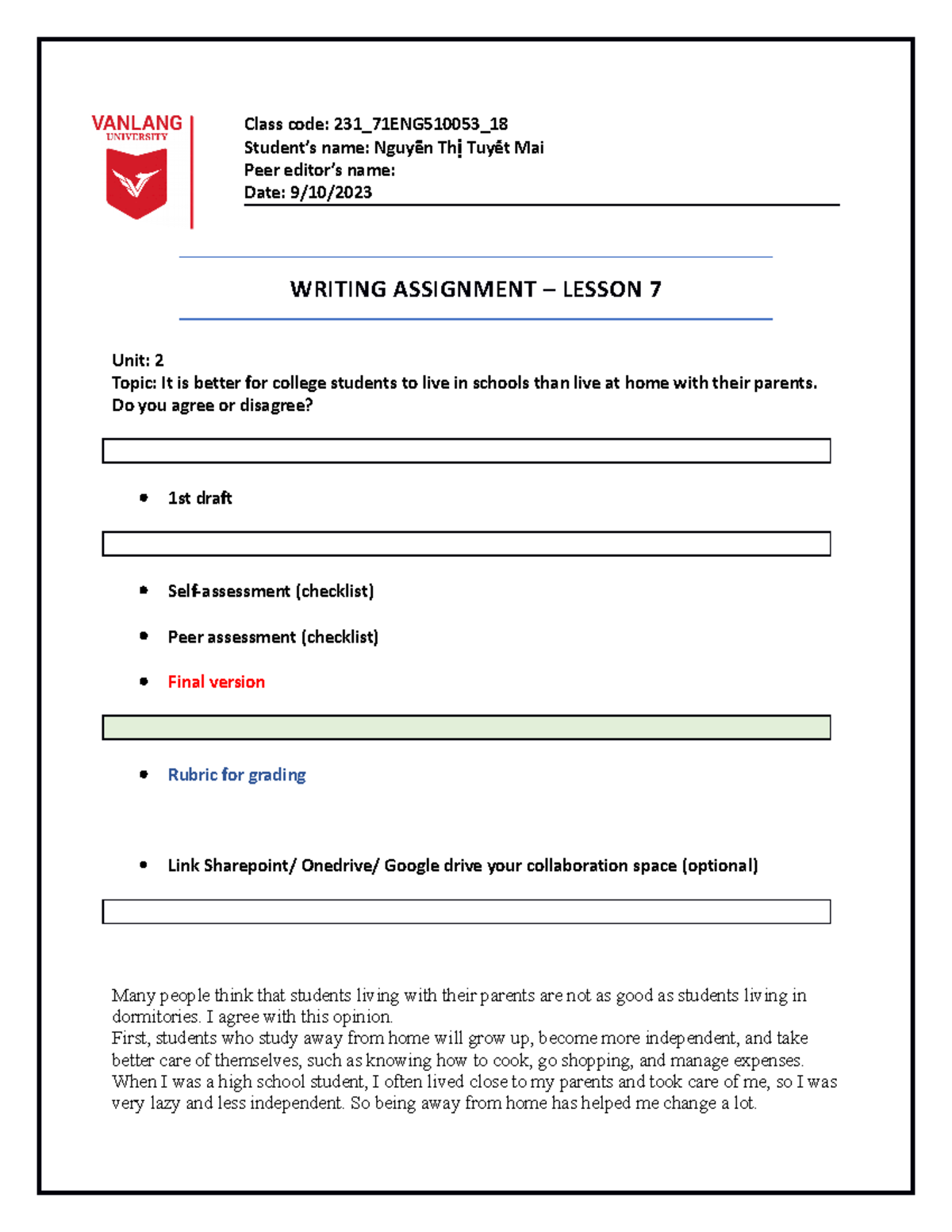 Template Writing assignment - Class code: 231_71ENG510053_ Student’s ...