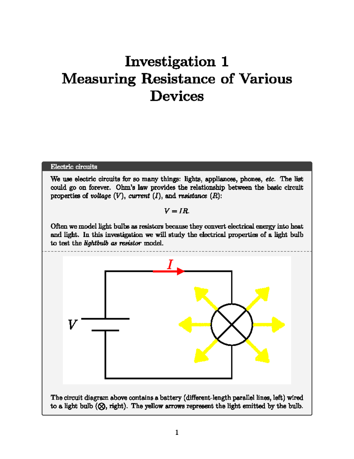Investigation 1: Measuring Resistance in Electric Circuits (PHYS 1261 ...