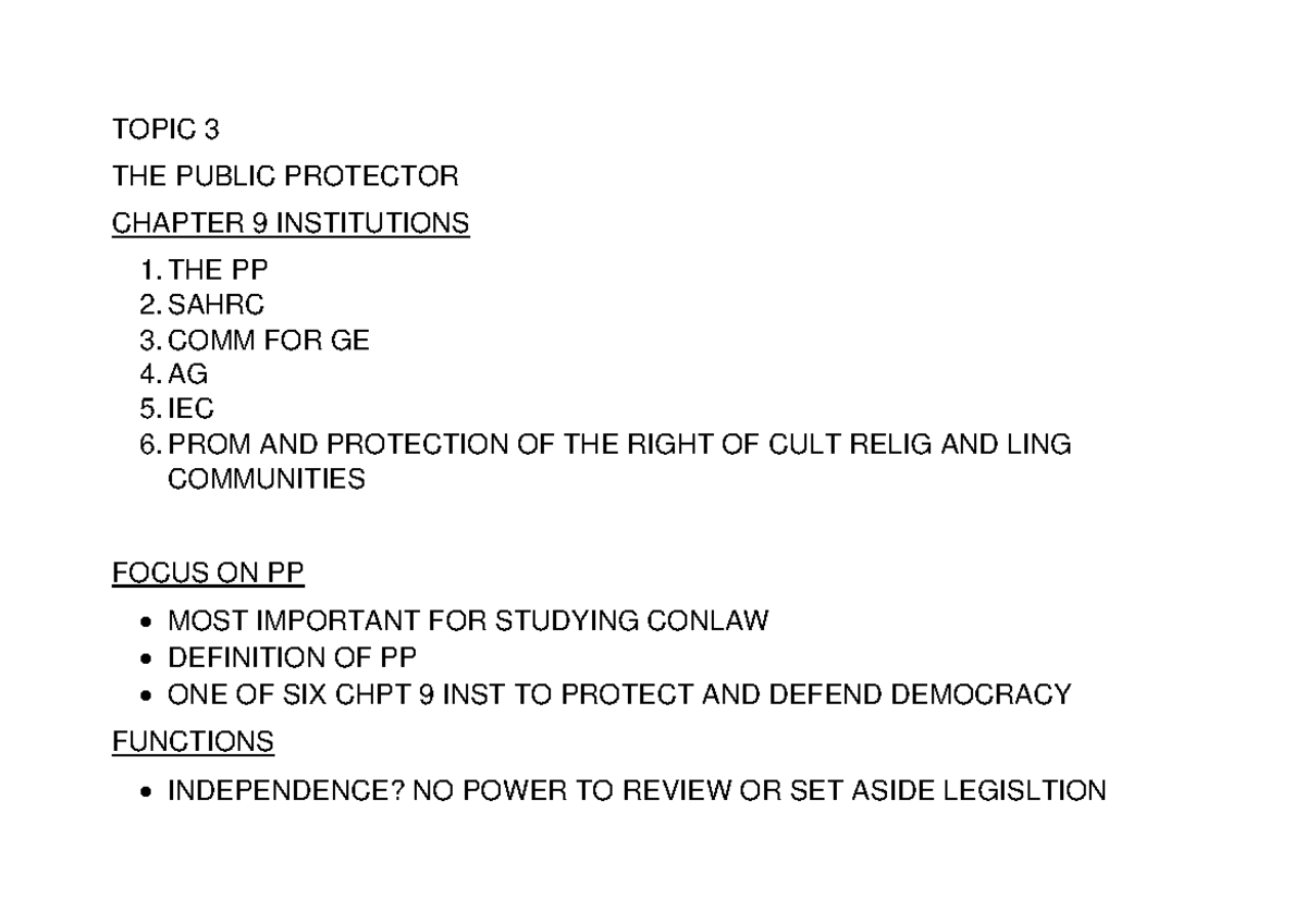 Public Protector - Chapter 9 Institutions Study Notes - Studocu