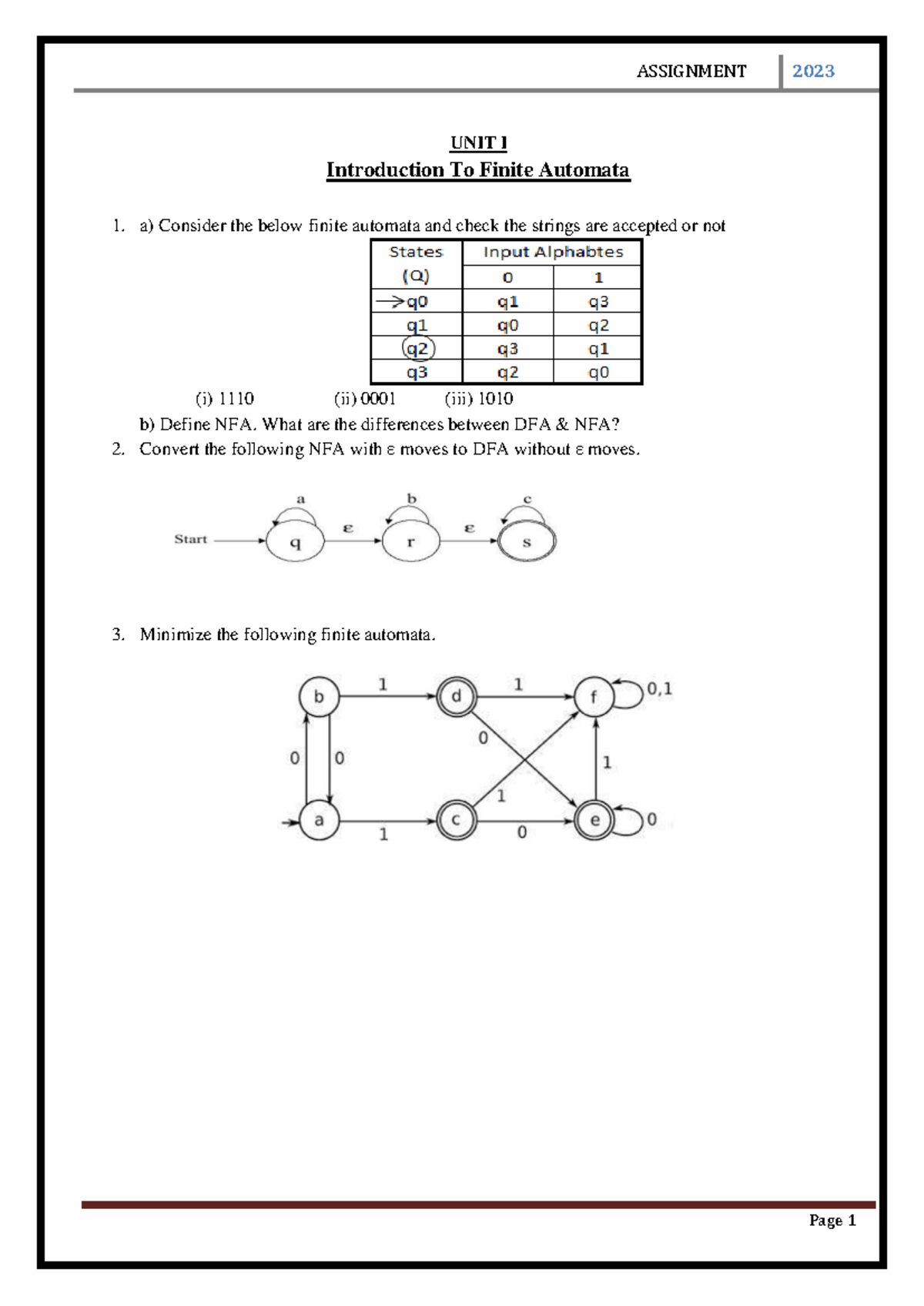 Assignment - Finite Automata and Regular Languages Concepts - Studocu