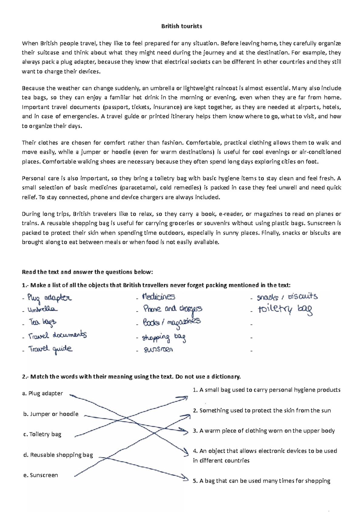 Reading Worksheet: British Tourists - Packing Essentials - Studocu