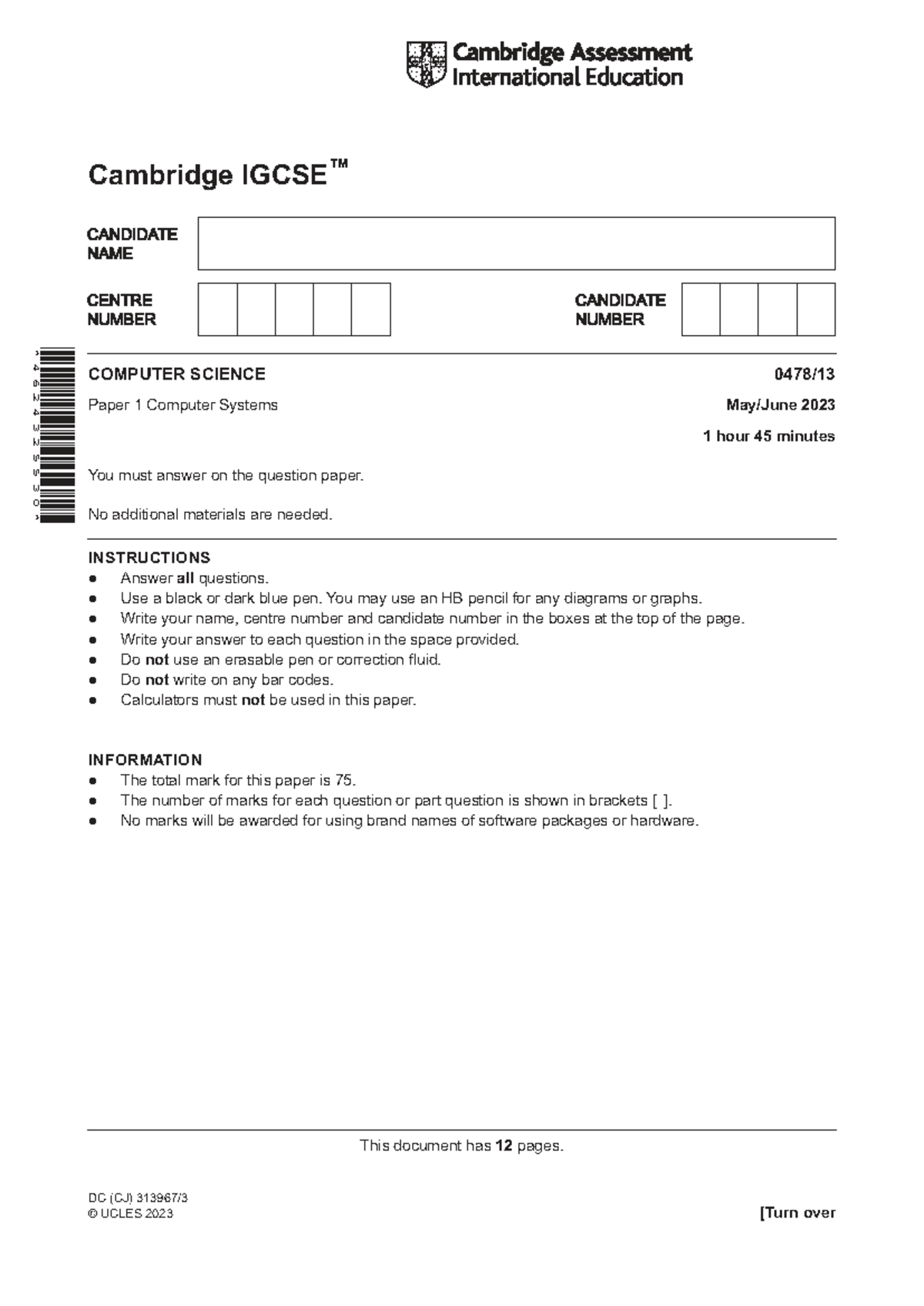 0478/13 CAIE CS 2210 Past Paper: Computer Systems Exam 2023 - Studocu