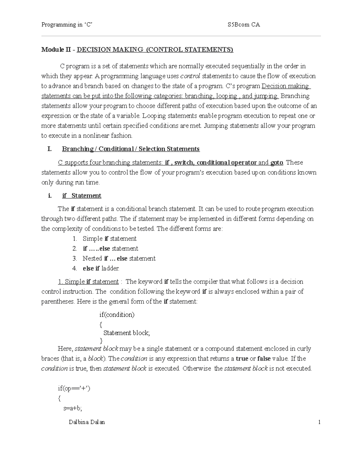 Unit 2 - C programming Notes - Module II - DECISION MAKING (CONTROL ...