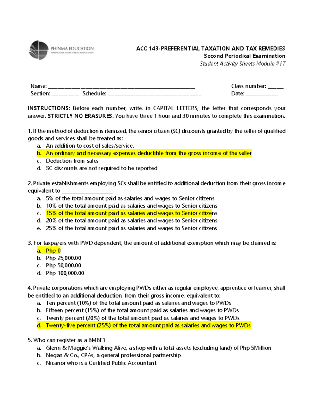 ACC-143 P2- Preferential Taxation Exam with Answer Keys - Studocu
