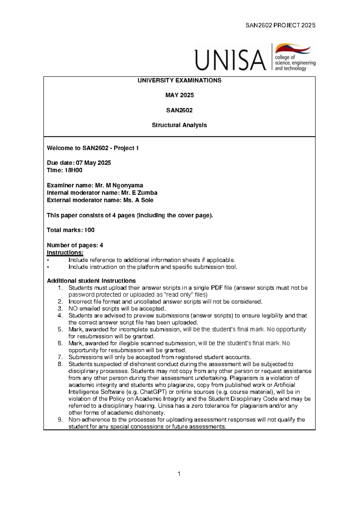 SAN2602 PROJECT 2025: Structural Analysis Exam Instructions & Questions ...